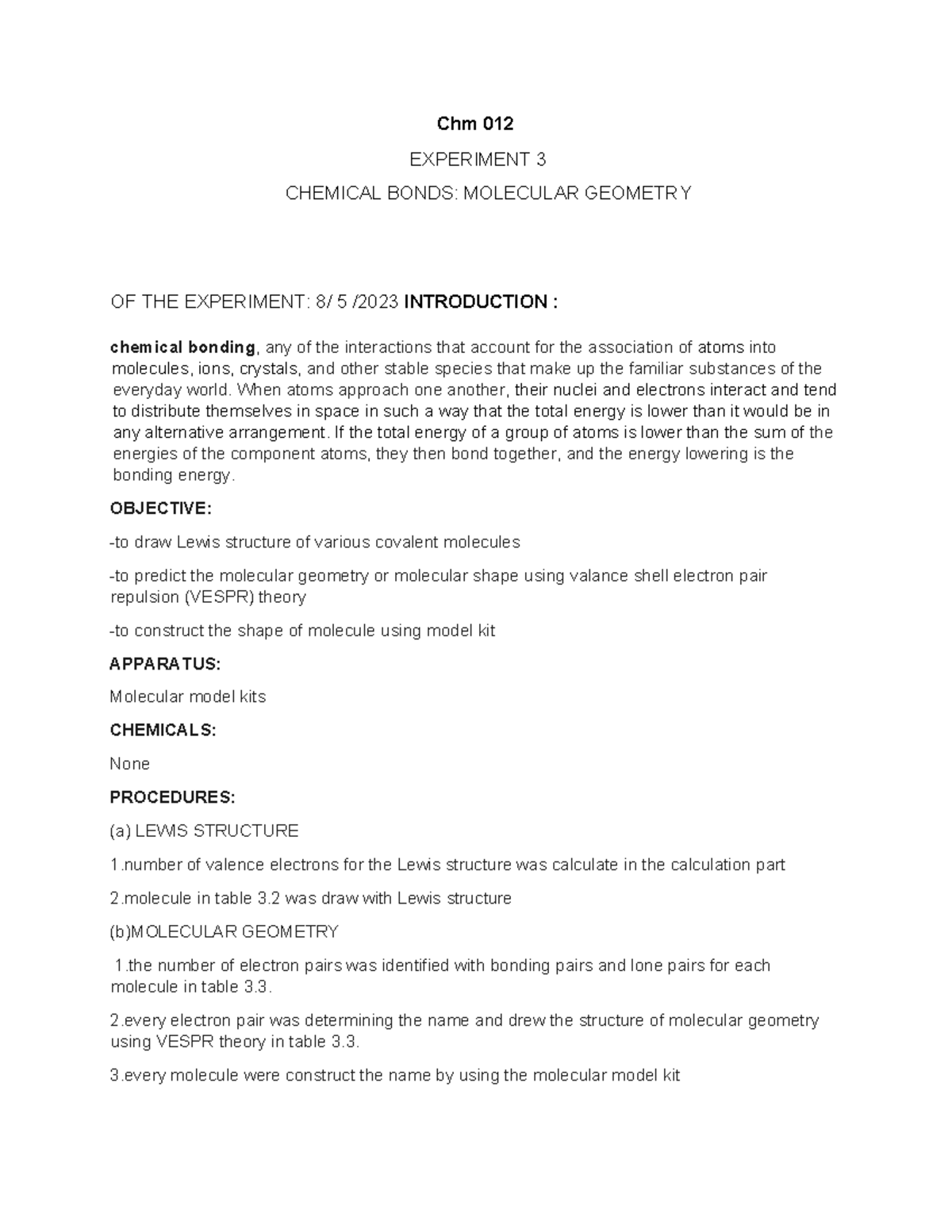 Chm 3 2022 - chm - Chm 012 EXPERIMENT 3 CHEMICAL BONDS: MOLECULAR ...