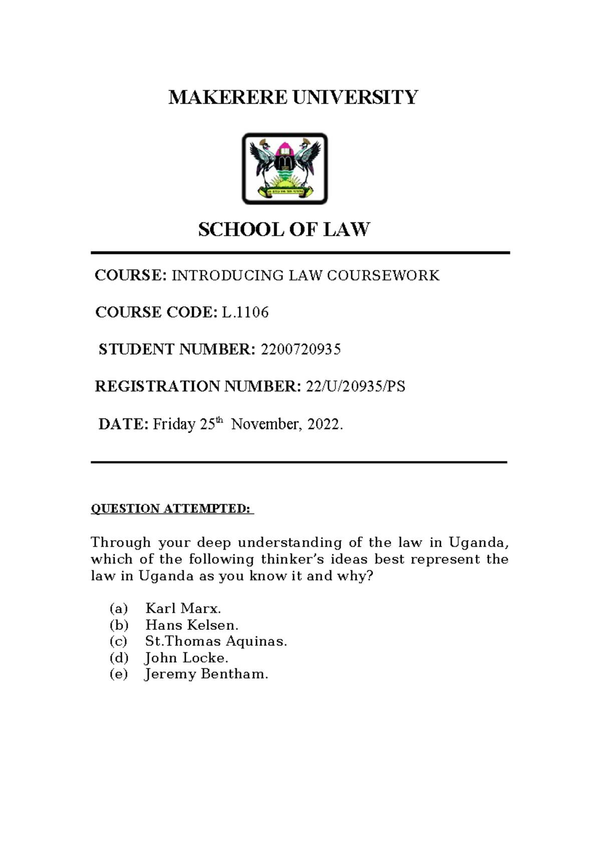 Introduction to Law course work - MAKERERE UNIVERSITY SCHOOL OF LAW ...