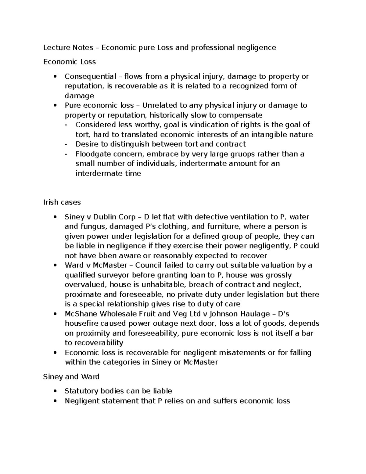 Lecture Notes - Economic Loss - Lecture Notes – Economic pure Loss and ...