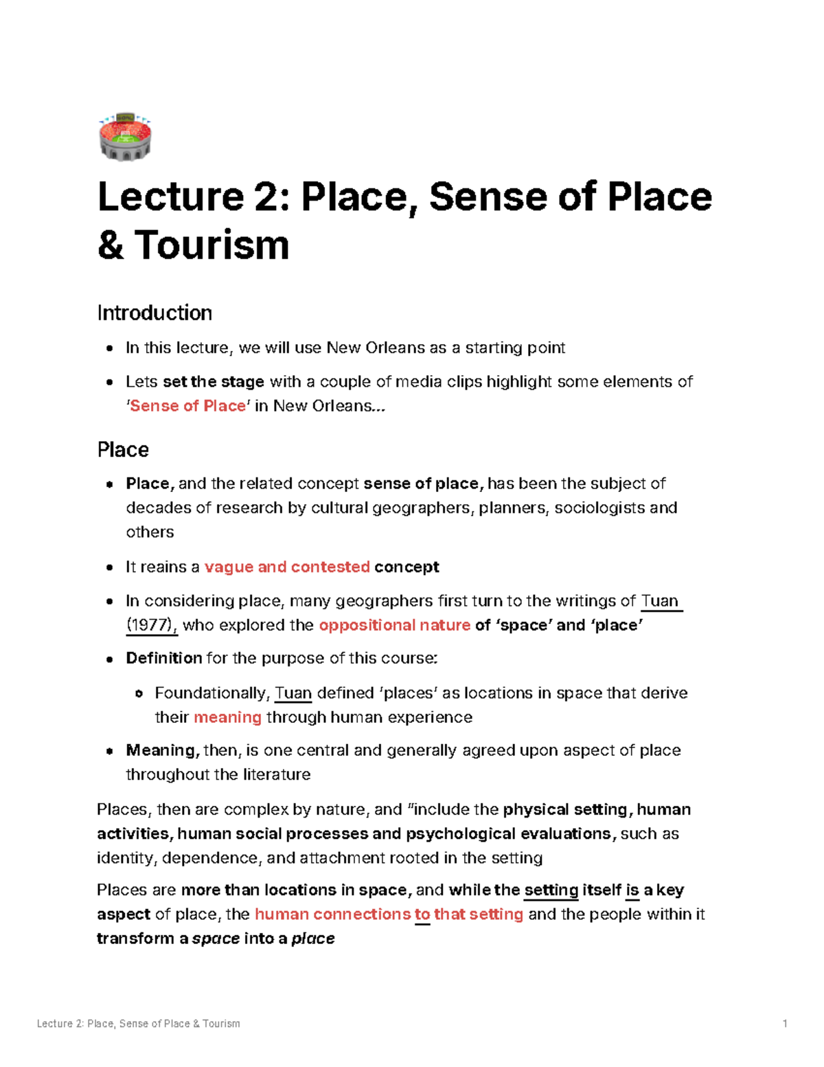 Lecture 2- Place, Sense of Place & Tourism - 🏟 Lecture 2: Place, Sense ...