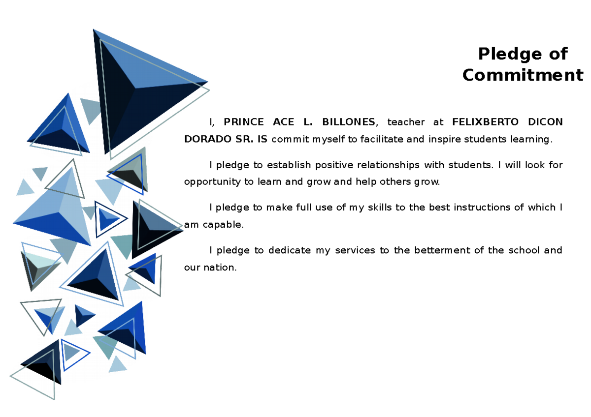 Portfolio - Anonymous - Pledge of Commitment I, PRINCE ACE L. BILLONES ...