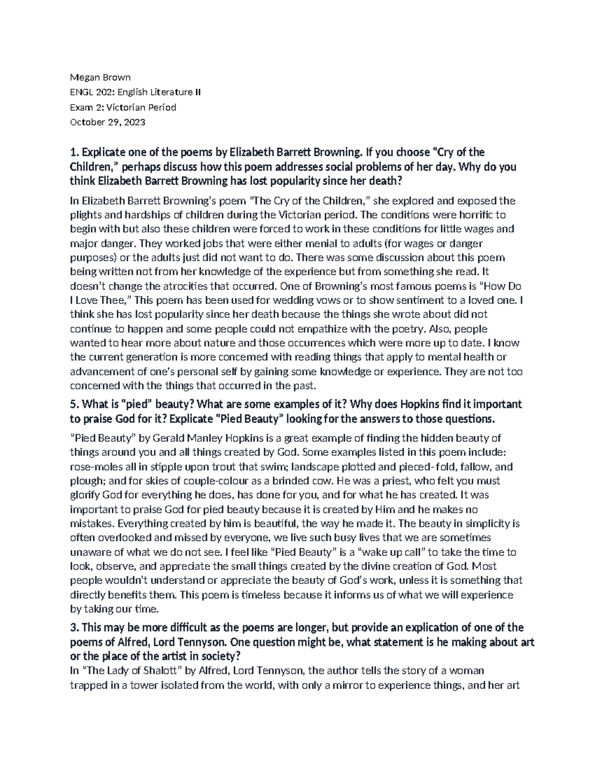 English lit 2 exam 2 - Literary - Megan Brown ENGL 202: English ...