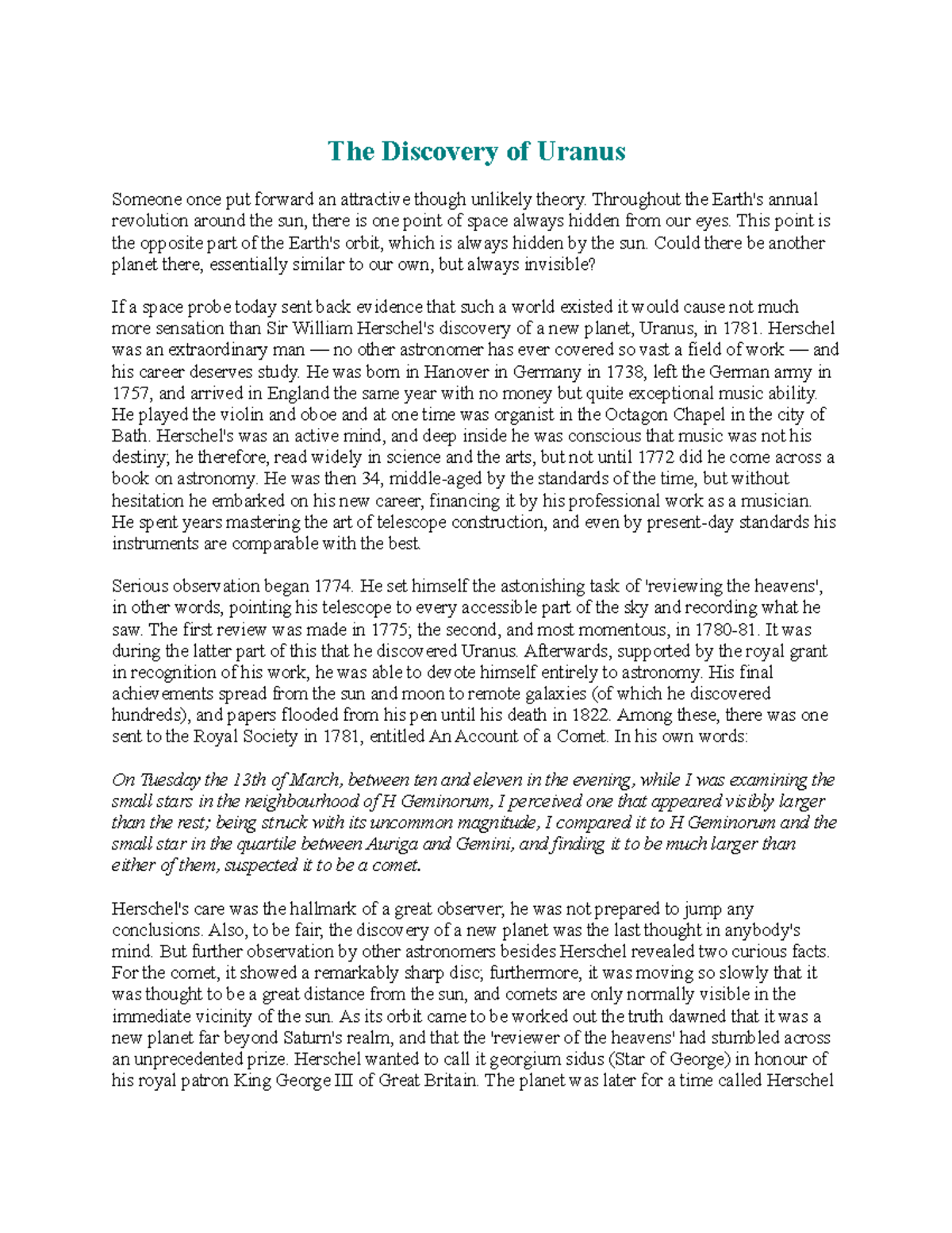 17-The Discovery of Uranus - The Discovery of Uranus Someone once put ...