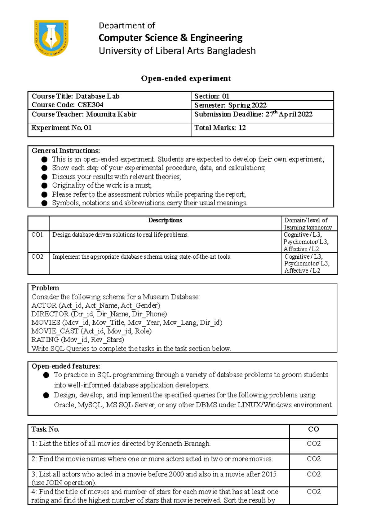 CSE304 - Open Ended Lab 1 - MK - Department of Computer Science & Engineering University of ...