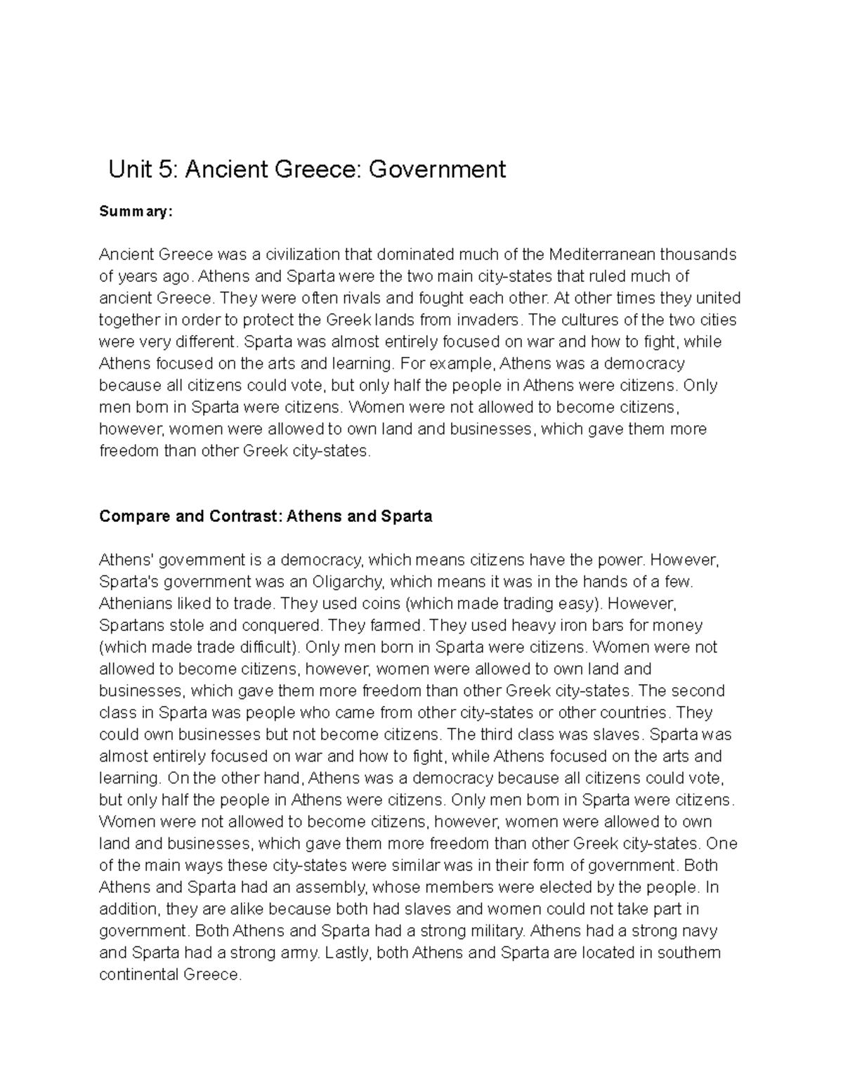 Ancient Greece Government - Unit 5: Ancient Greece: Government Summary ...