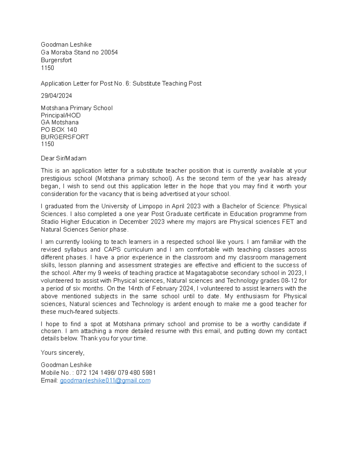 Application letter - Previous work - Goodman Leshike Ga Moraba Stand no ...