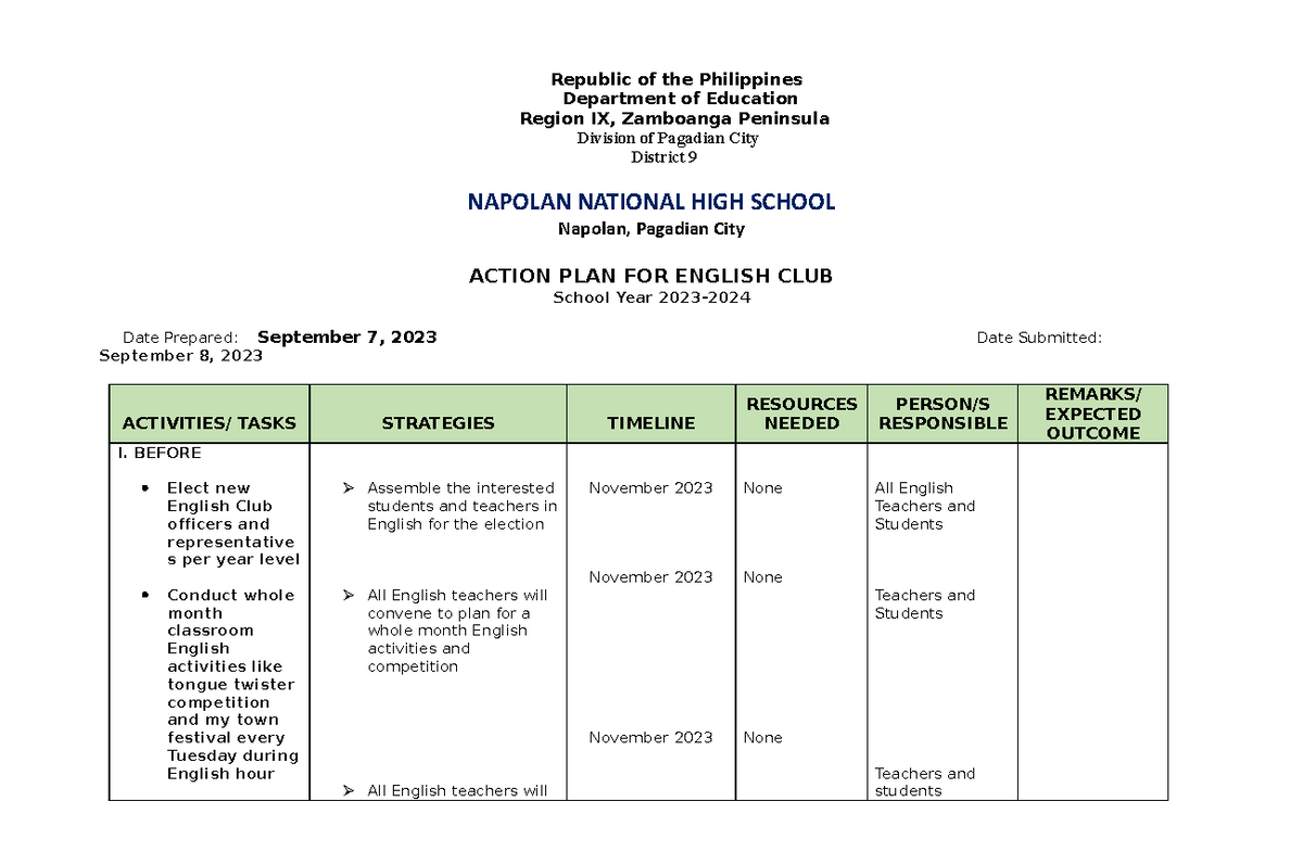 Action PLAN Reading Program - Republic of the Philippines Department of ...
