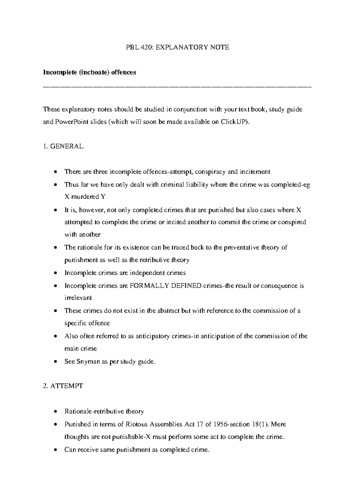 Incomplete Crimes EX NOTE - PBL 420: EXPLANATORY NOTE Incomplete ...