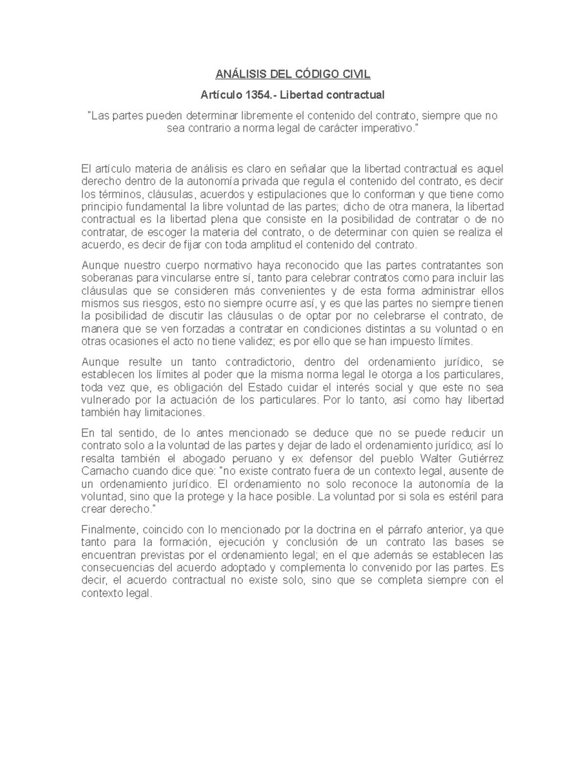 Tarea 1 Artículo 1354 - Libertad Contractual - ANÁLISIS DEL CÓDIGO ...