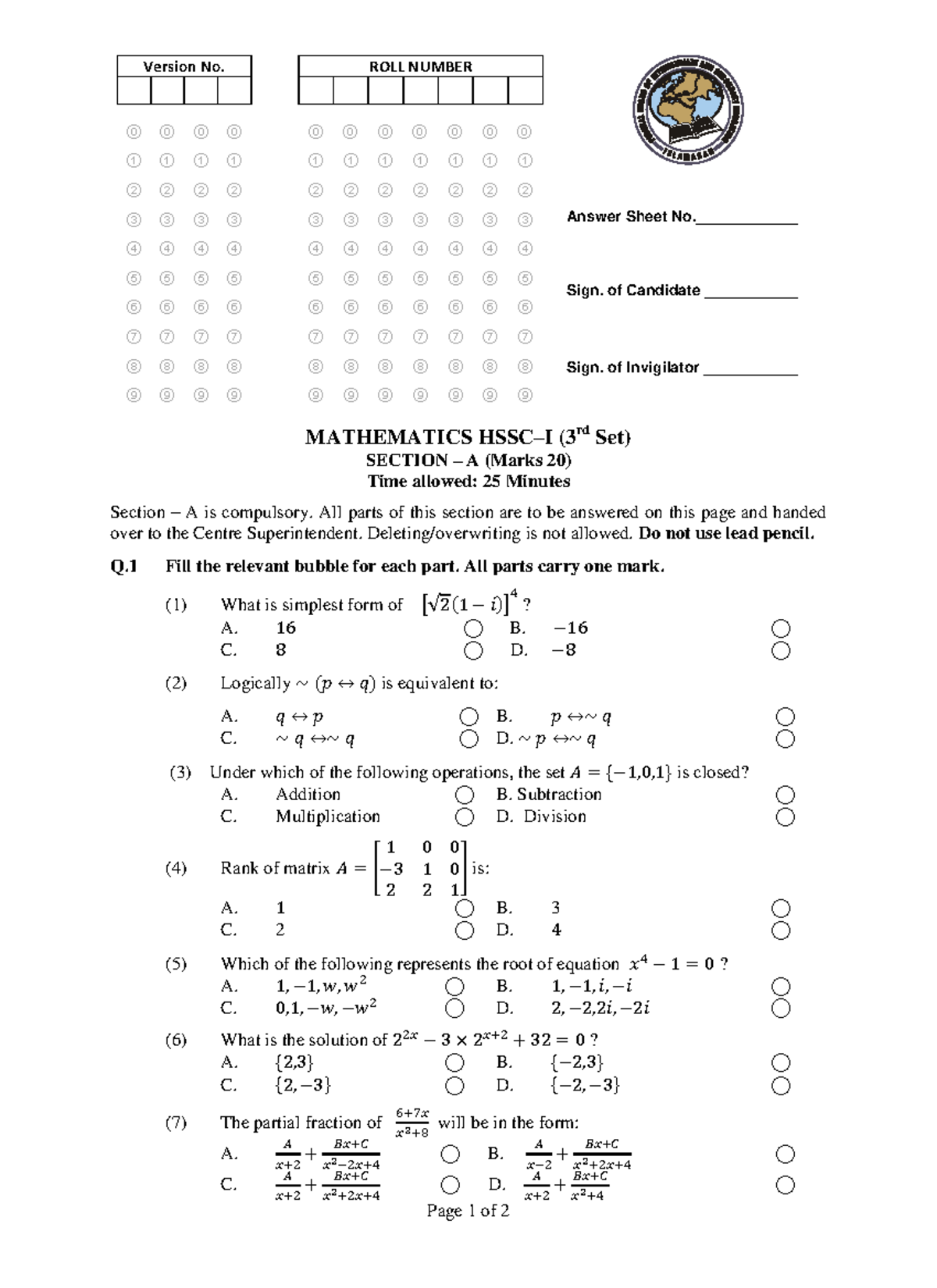 Mathematics HSSC-I (3rd Set) - Version No. ⓪ ⓪ ⓪ ⓪ ① ① ① ① ② ② ② ② ③ ③ ...
