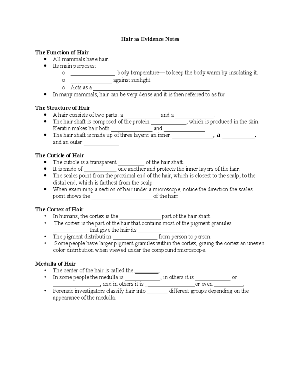 Hair as Evidence Student Notes - Hair as Evidence Notes The Function of ...
