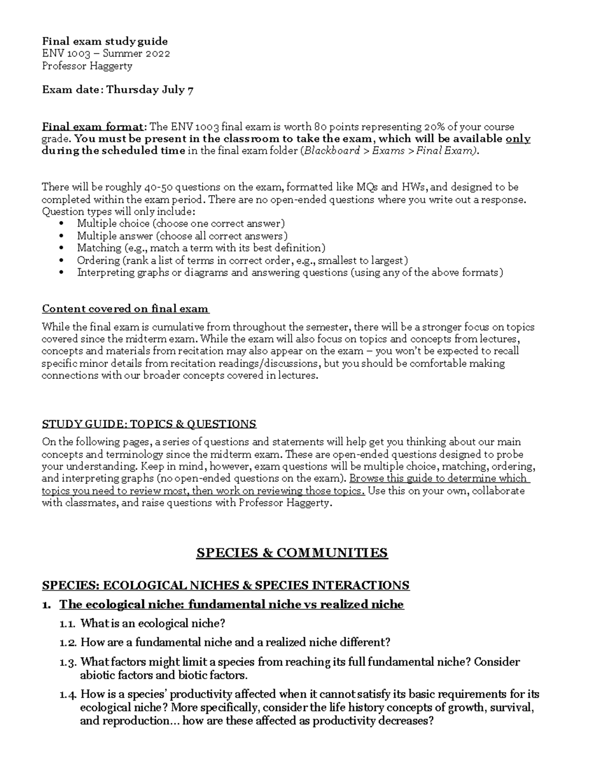 Final exam study guide - ENV 1003 Summer 2022 - Final exam study guide ENV 1003 – Summer 2022 ...