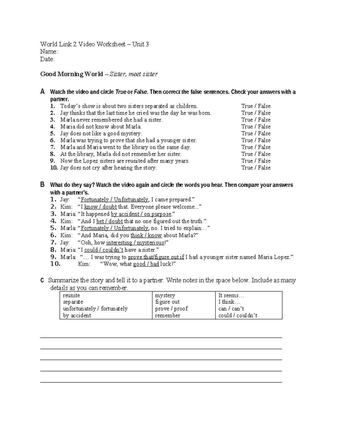 Wl3e level 02 u03 gw video worksheet - World Link 2 Video Worksheet ...