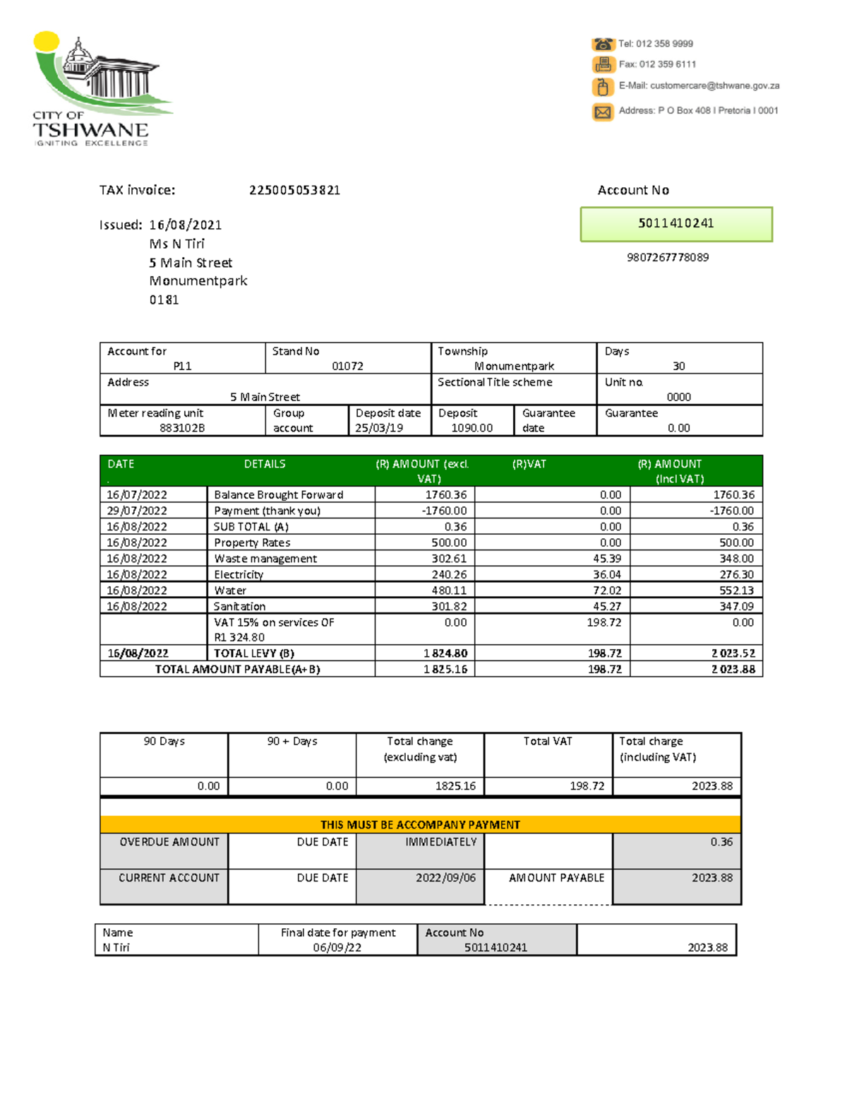 Tiri - Municipal account - TAX invoice: 225005053821 Account No Issued ...
