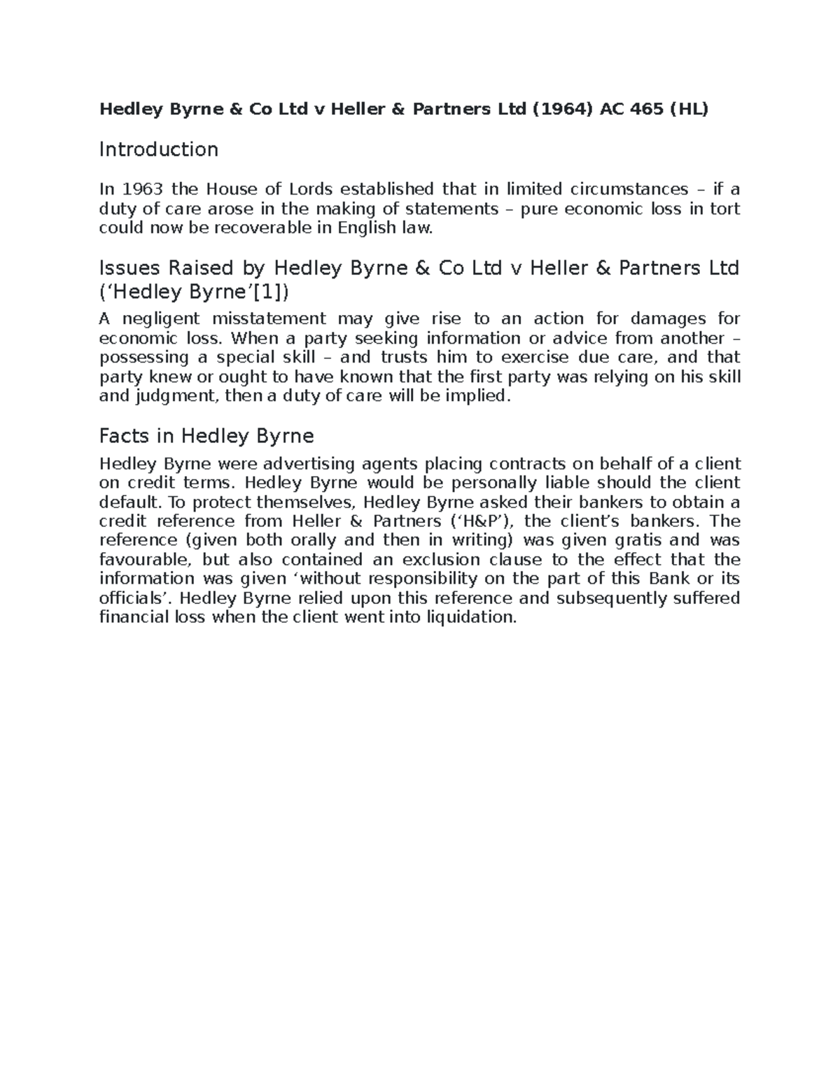 Hedley Byrne - Issues Raised by Hedley Byrne & Co Ltd v Heller ...