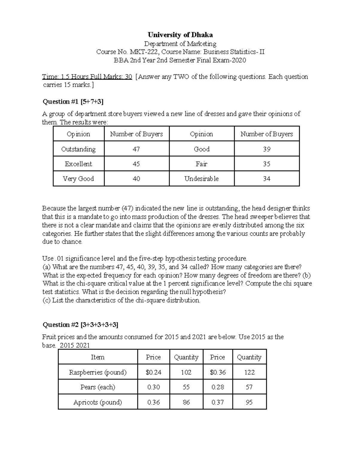 MKT222 Business Statistics II 25th Batch Final Exam Question ...