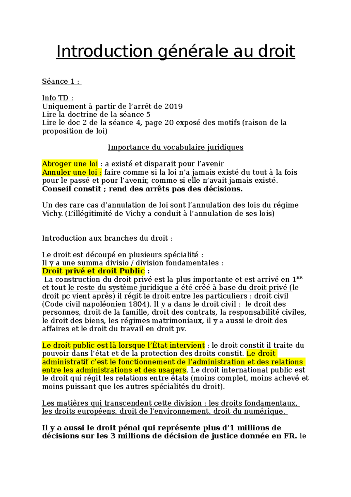 Introduction générale au droit - Introduction générale au droit Séance 1 : Info TD : Uniquement ...