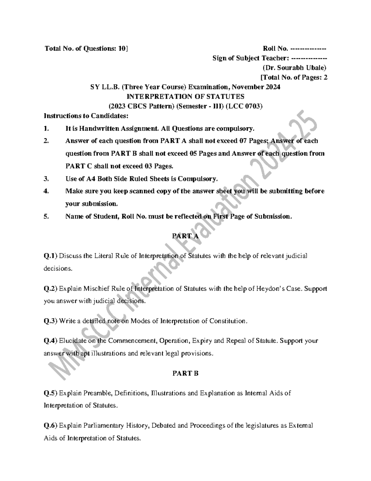 Interpretation Question Paper Internal - Total No. of Questions: 10 ...