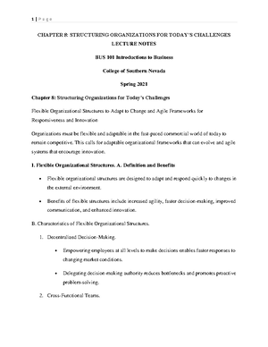 BUS 101 Chapter 7 Management and Leadership Lecture Notes - CHAPTER 7 ...