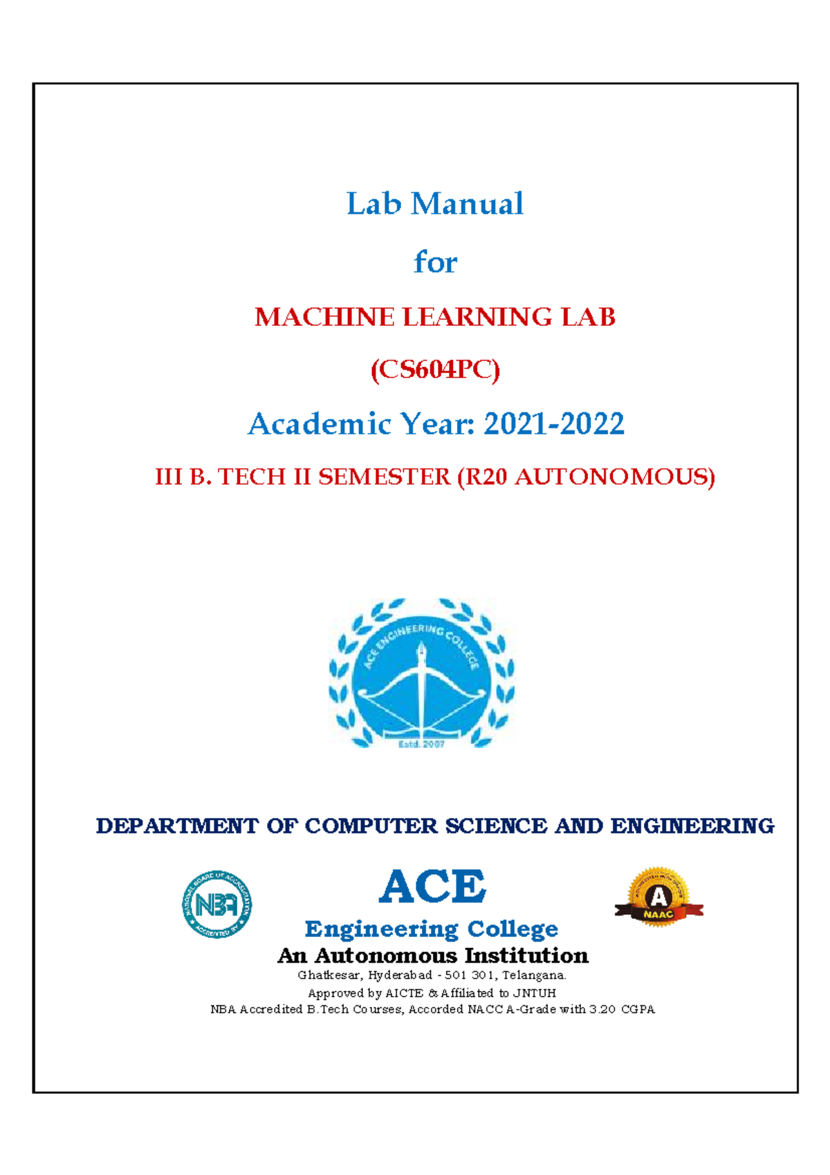 ML LAB Manual CS604PC - Lab Manual for MACHINE LEARNING LAB (CS604PC) Academic Year: 2021 - 2022 ...