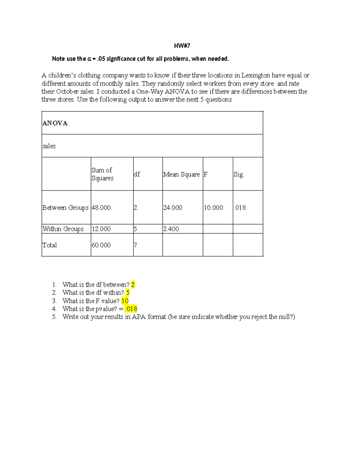 HW#7 key - info from teacher - HW# Note use the α = .05 signficance cut for all problems, when ...