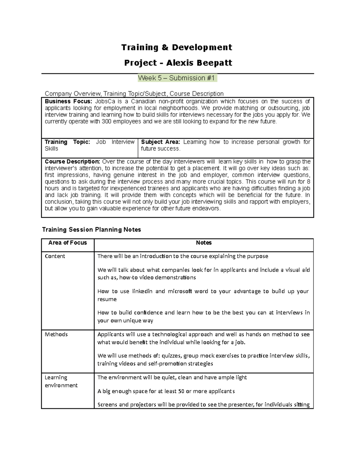 Training submission 1 - an assignment - Training & Development Project ...