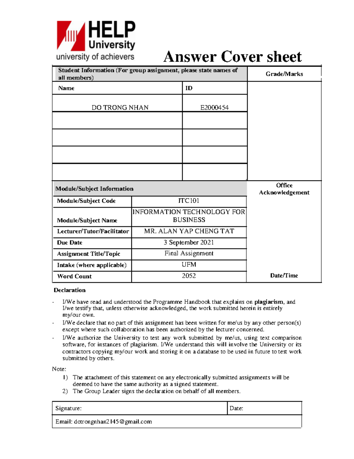 ITC101 DO Trong NHAN E2000 454 - Answer Cover sheet Student Information ...