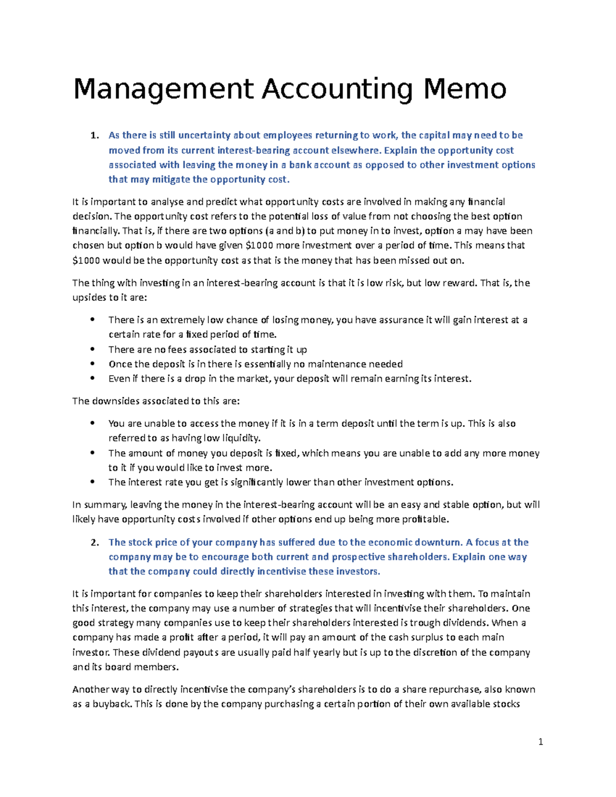 A3 - Management Accounting Memo - 048250 - Studocu