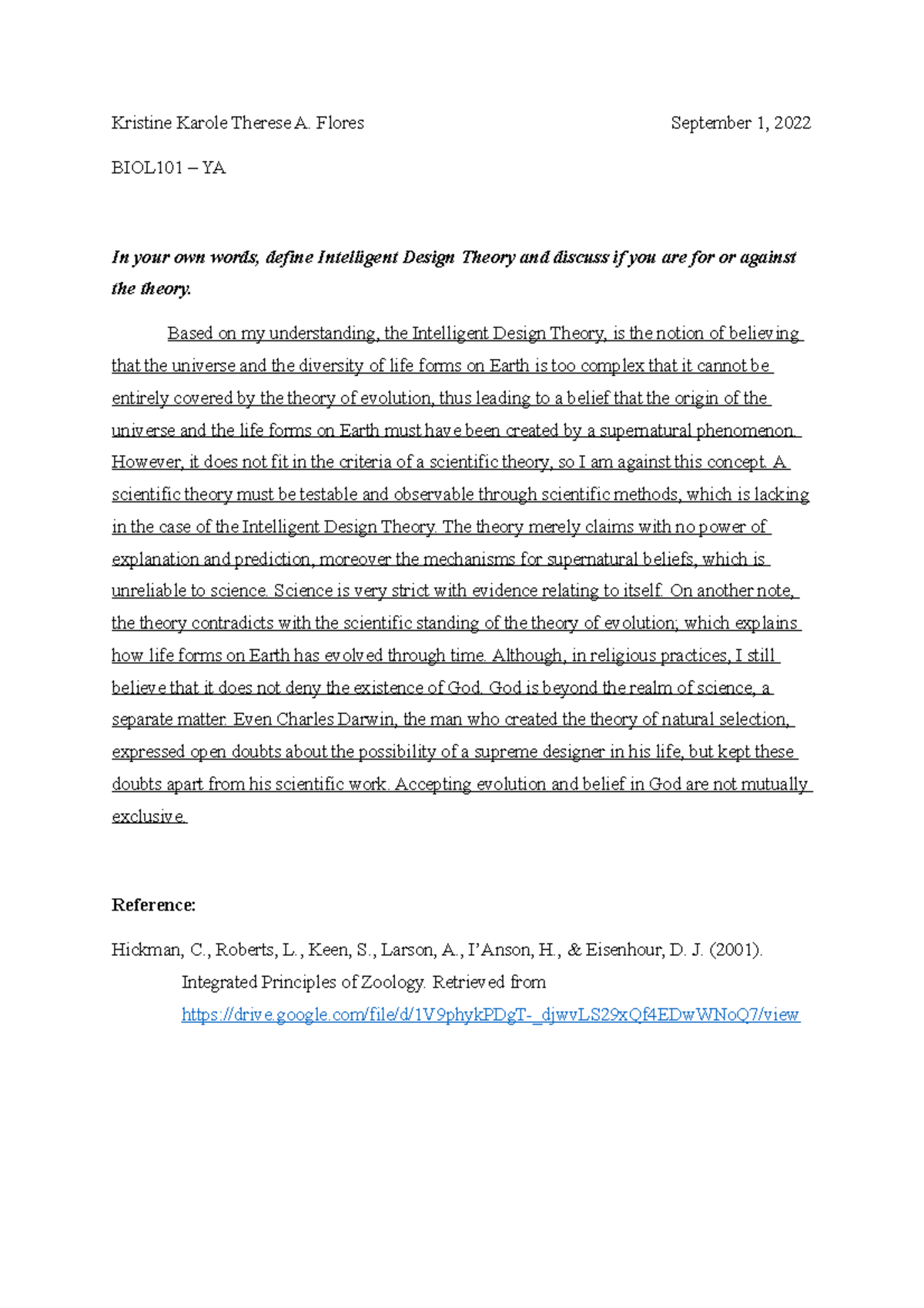 BIOL101 Intelligent Design Theory Essay - Kristine Karole Therese A ...