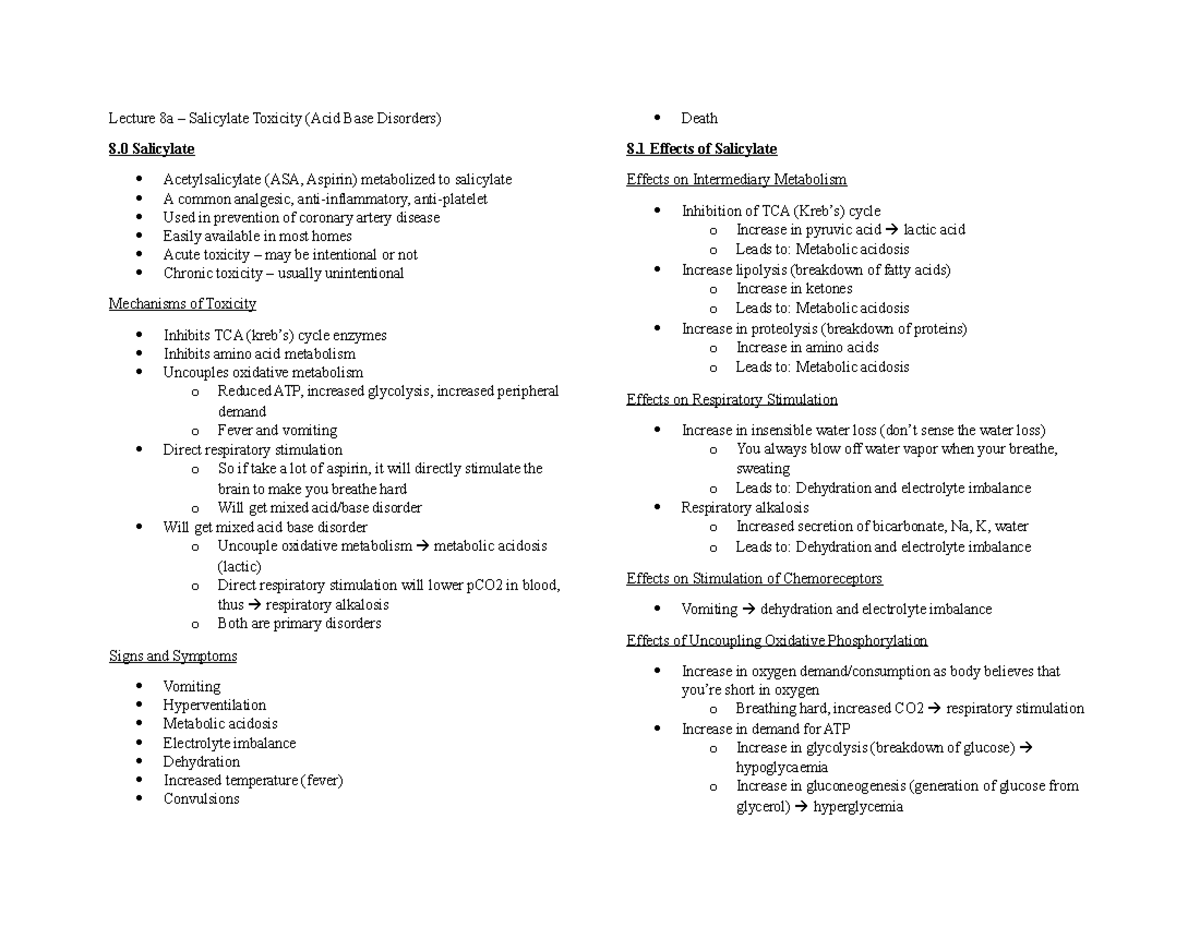 Biochem 3H03 Lecture 8a (Salicylate Toxicity) - Lecture 8a – Salicylate ...