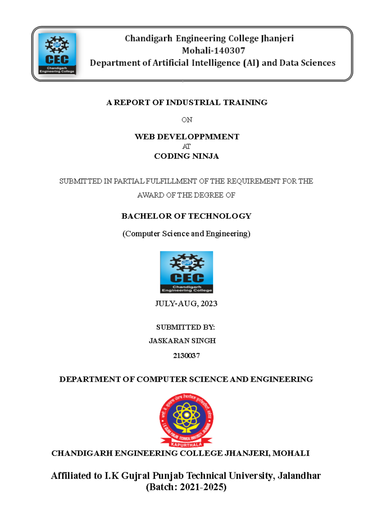 training file report - A REPORT OF INDUSTRIAL TRAINING ON WEB ...