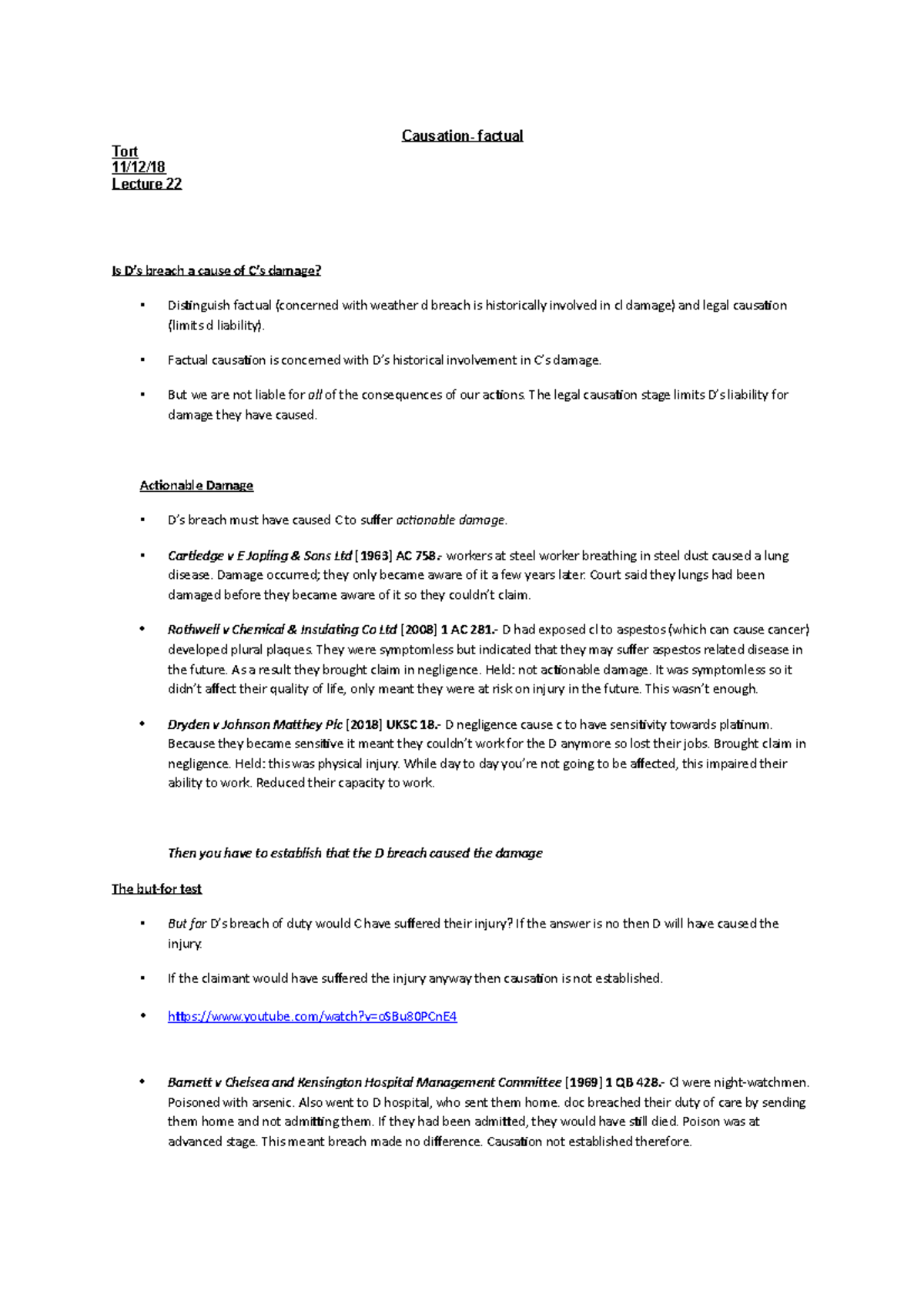 Lecture 22 factual causation - Causation- factual Tort 11/12/ Lecture ...