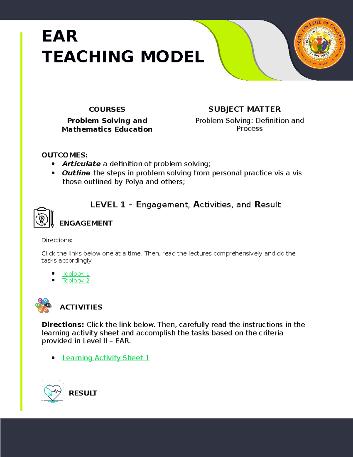 EAR Module 1 - hgv - EAR TEACHING MODEL COURSES SUBJECT MATTER Problem ...