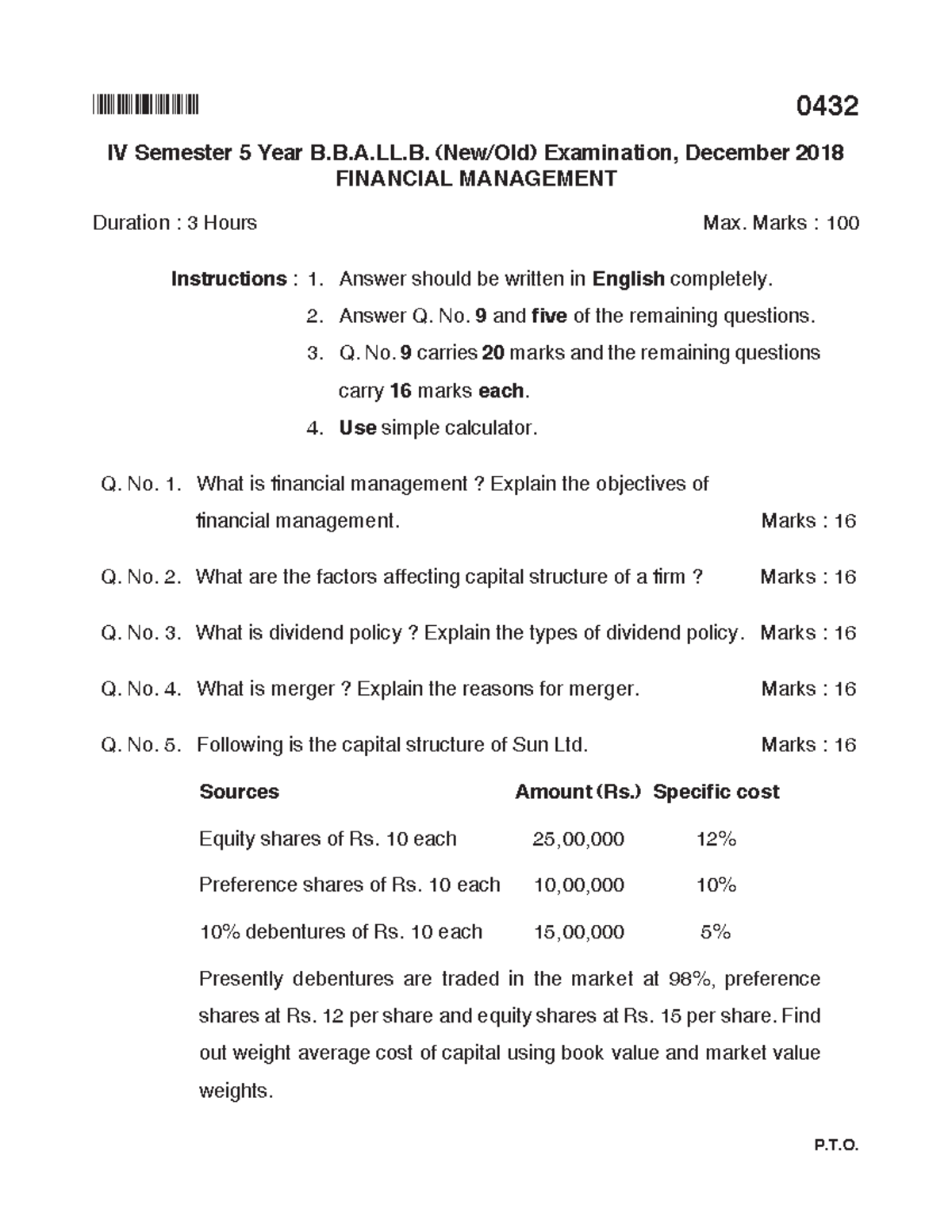 0432 Financial Management - 0432 0432 IV Semester 5 Year B.B.A.LL. (New ...