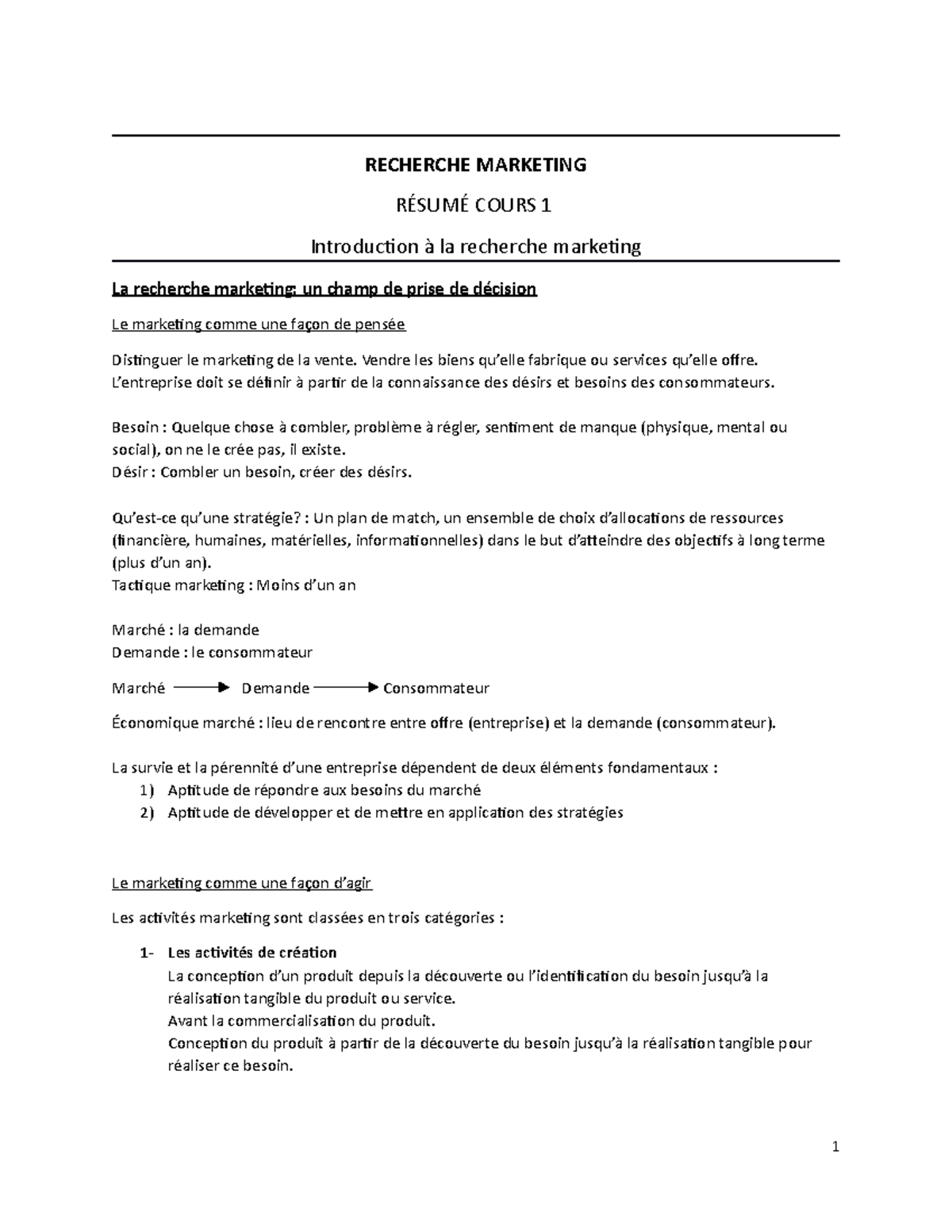 Résumé chapitre 1 RMKG - RECHERCHE MARKETING RÉSUMÉ COURS 1 Introduction à la recherche ...