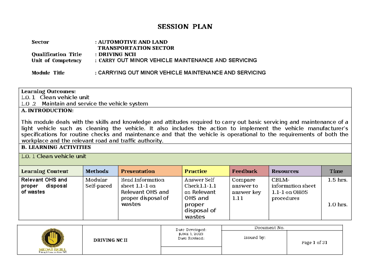 Ilide - SESSION PLAN Sector : AUTOMOTIVE AND LAND TRANSPORTATION SECTOR ...