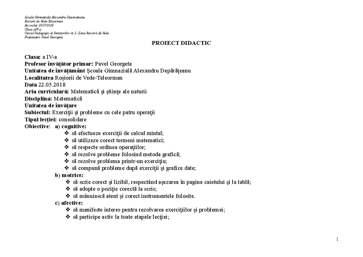 Proiect didactic matematica 4 - Rosiorii de Vede-Teleorman An scolar ...