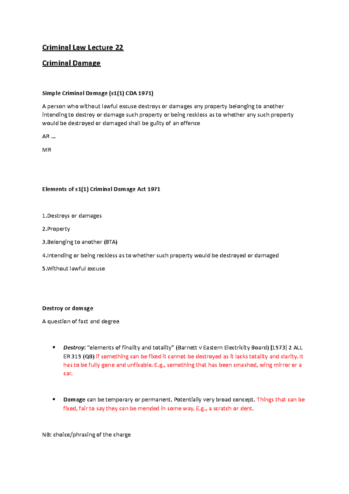 Crim Lec 22 - Criminal law lecture 22 notes. - Criminal Law Lecture 22 ...