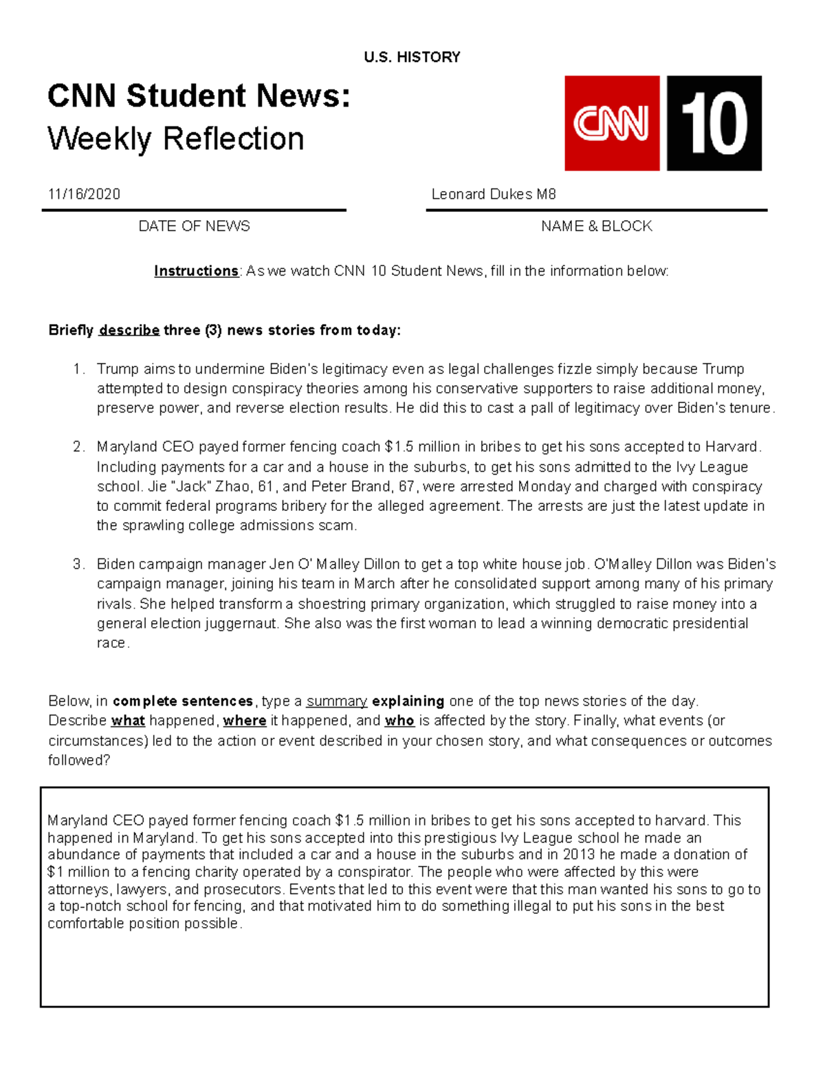 Copy of USH CNN 10 Worksheet - U. HISTORY CNN Student News: Weekly ...