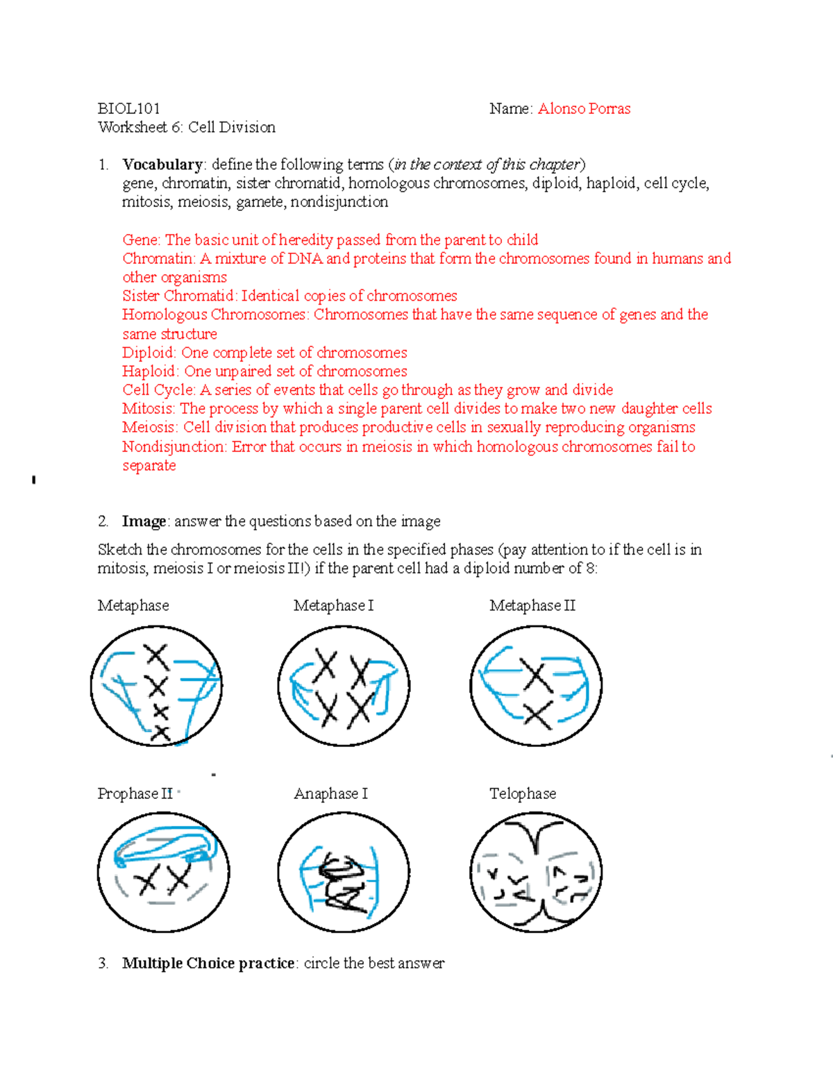101 WS6 sp23 - Worksheet 6 work - BIOL101 Name: Alonso Porras Worksheet ...