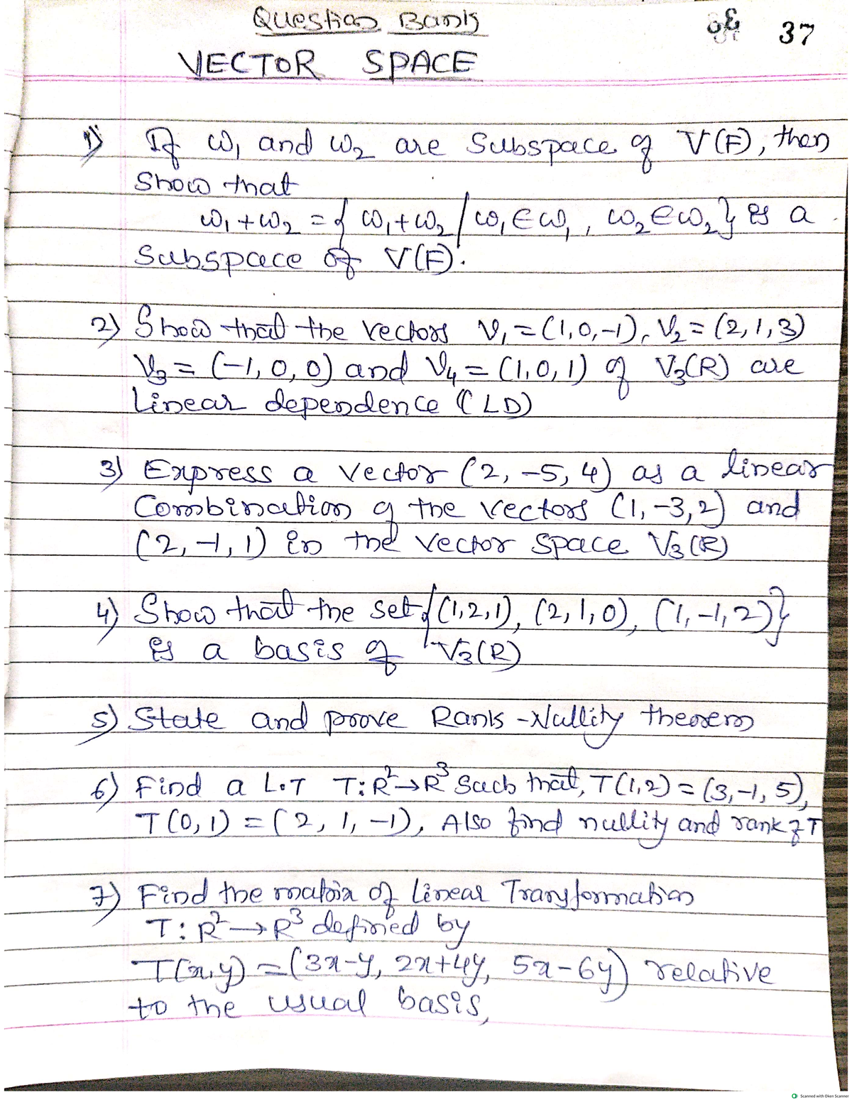 Question bank ( Vector space) - Question Banis of 37 VECTOR SPACE 1) If W, and W2 are Subspace ...