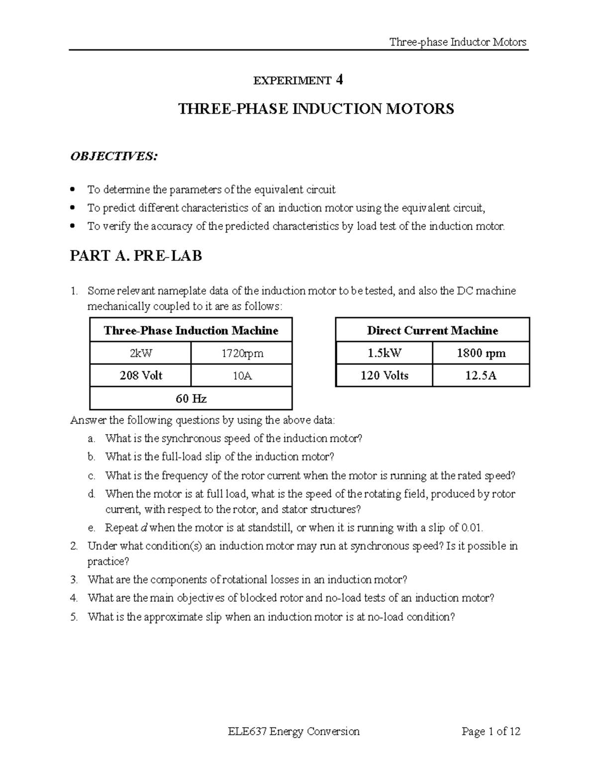 Experiment 4 - Lab - Three-phase Inductor Motors ELE637 Energy ...
