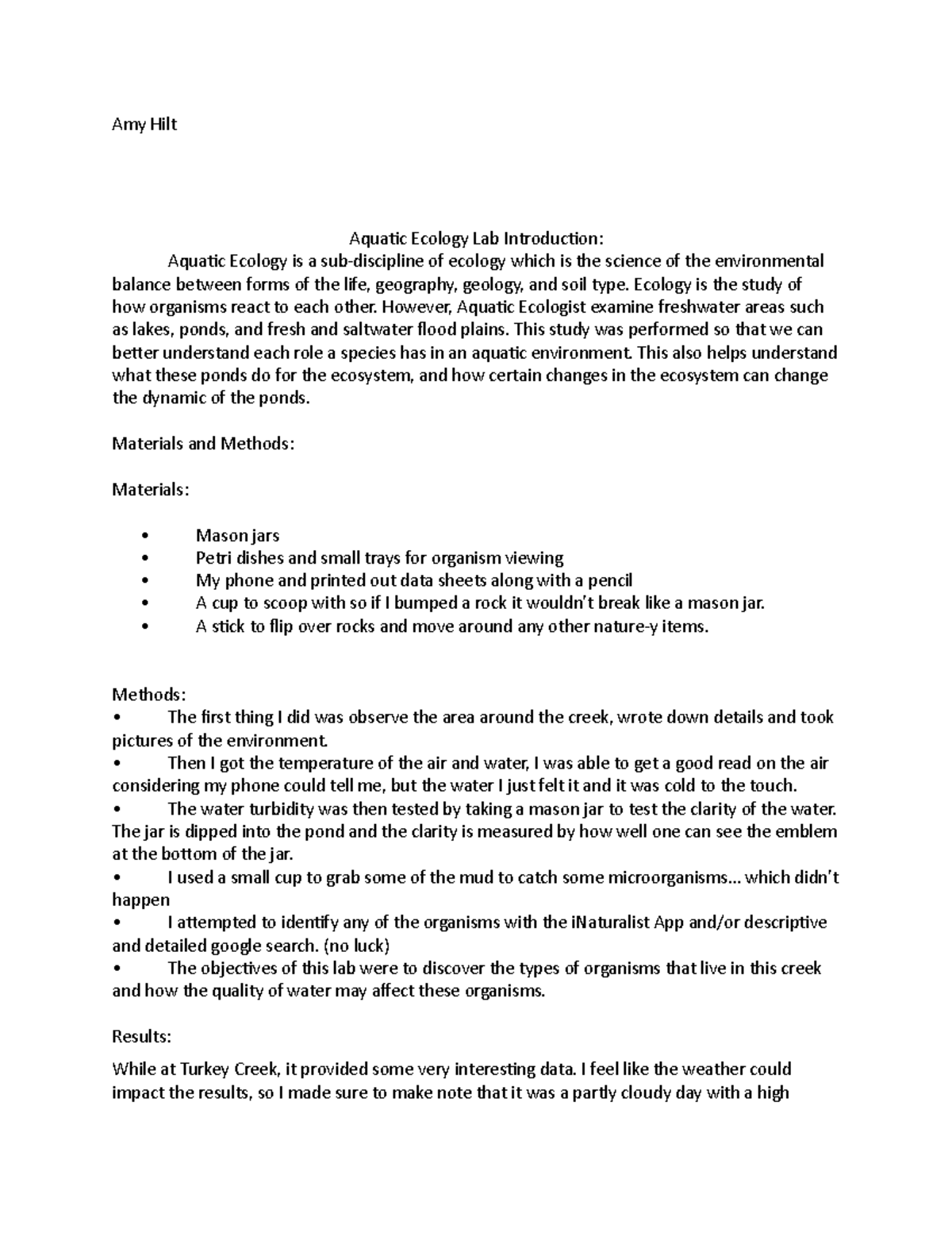 Aquatic lab documents - Amy Hilt Aquatic Ecology Lab Introduction ...