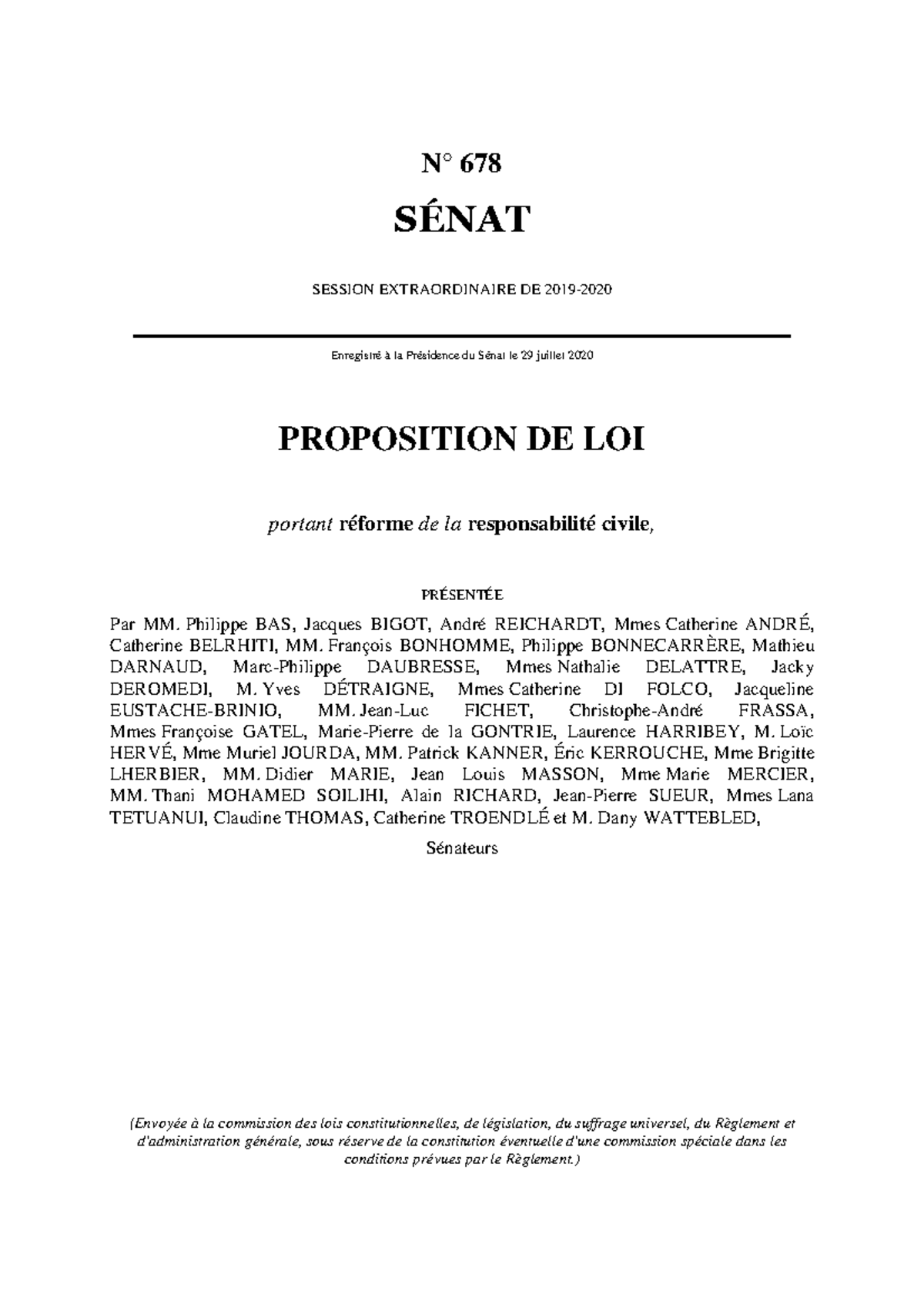 Proposition de loi du 29 juillet 2020 - N° 678 SÉNAT SESSION EXTRAORDINAIRE DE 2019- Enregistré ...