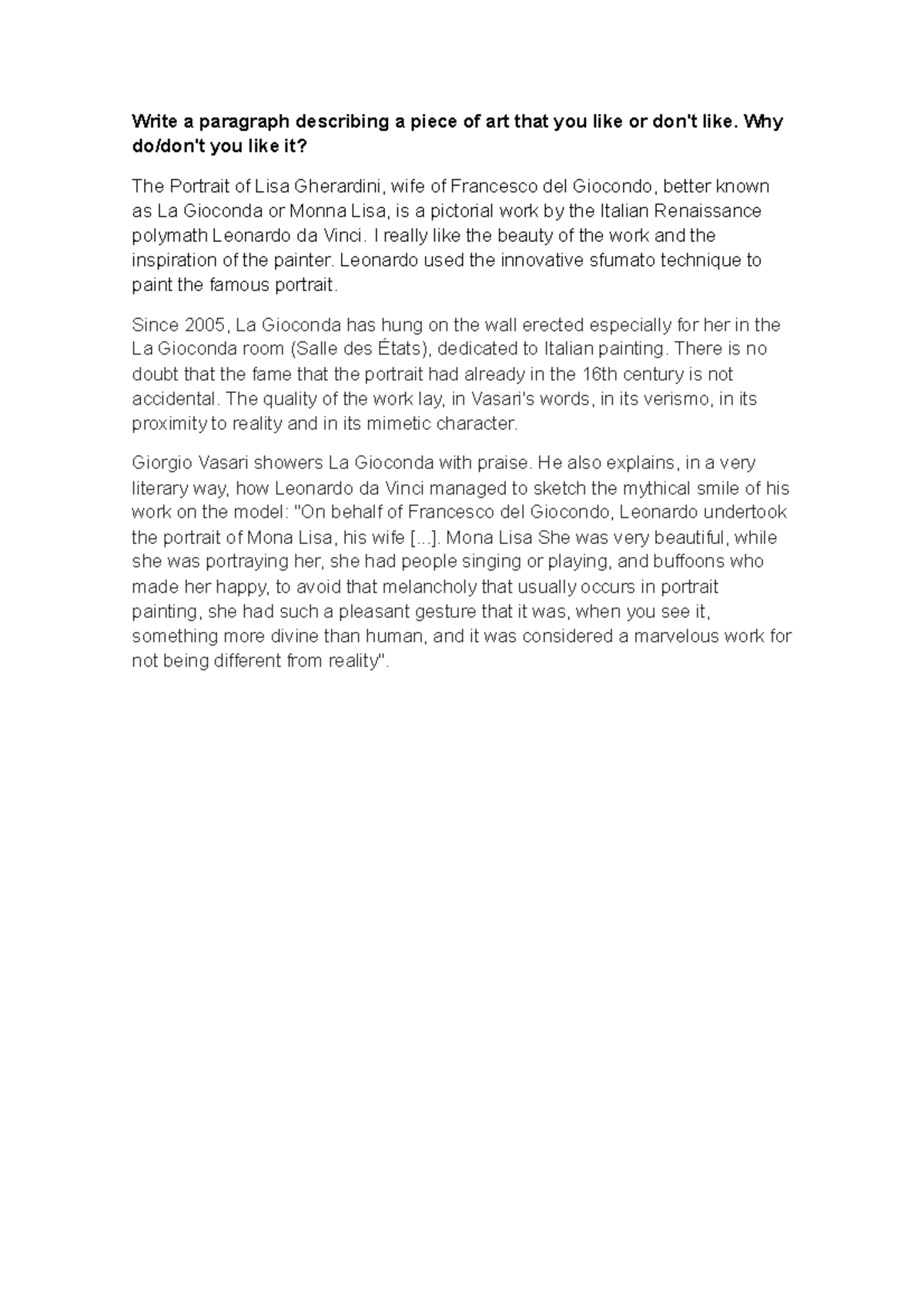 11. Writing Activity - trabajo - Write a paragraph describing a piece ...