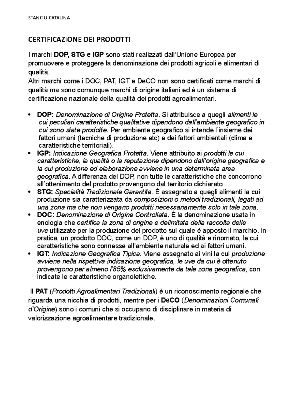 Certificazioni dei prodotti - STANCIU CATALINA CERTIFICAZIONE DEI ...