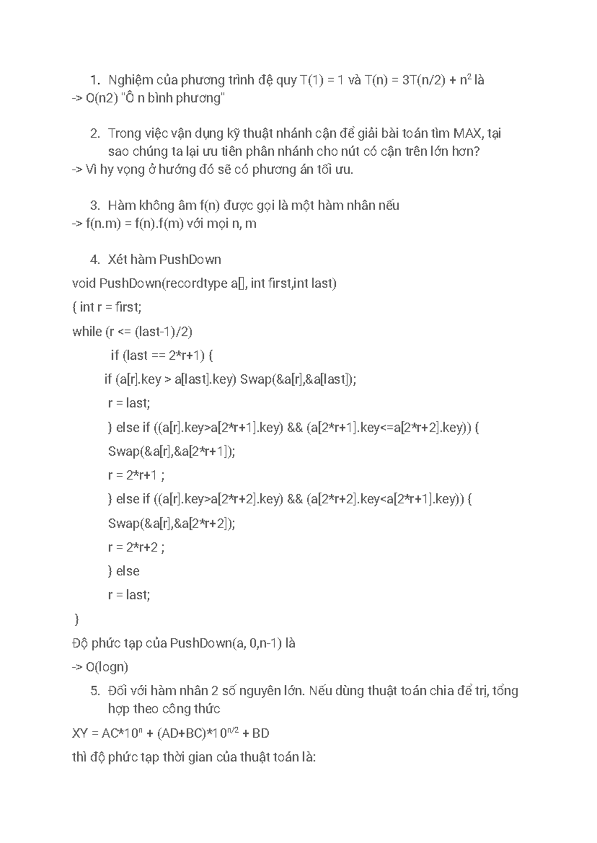 Ôn tập ktgk CT174 - ...... - Nghiệm của phương trình đệ quy T(1) = 1 và T(n) = 3T(n/2) + n 2 là ...