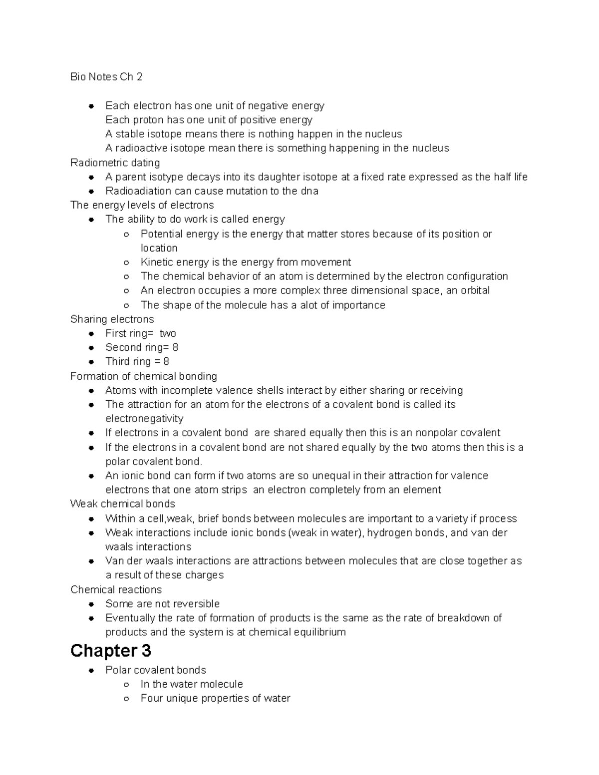 Bio documents - Biology notes for test - Bio Notes Ch 2 Each electron ...