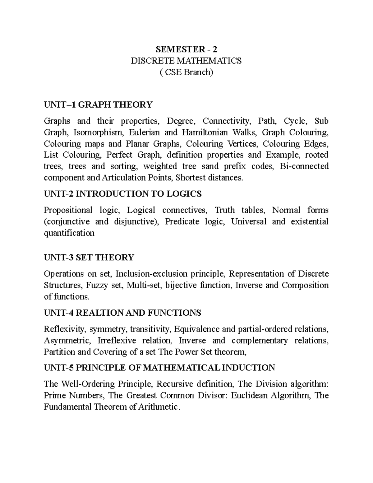 Criculum 2 Discrete - Mathematics - SEMESTER - 2 DISCRETE MATHEMATICS ( CSE Branch) UNIT–1 GRAPH ...