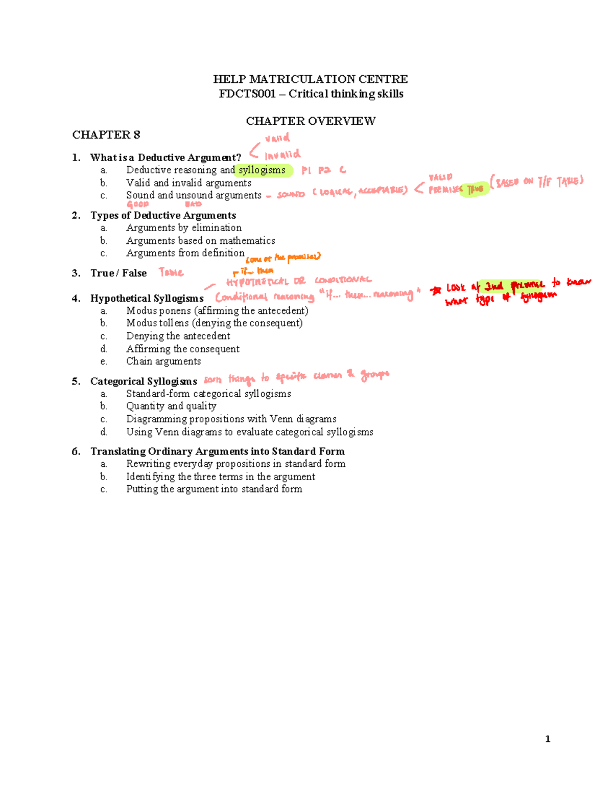 Chapter 8 - Notes - 1 HELP MATRICULATION CENTRE FDCTS001 ± Critical ...